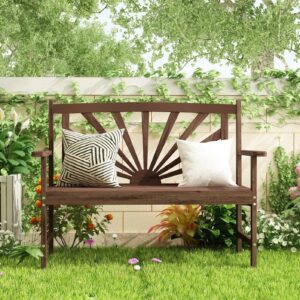 timechee outdoor garden bench, 43.3" patio wood loveseat benches, 2-person weather resistance wooden garden seating furniture with armrests & backrest for porch,lawn, brown