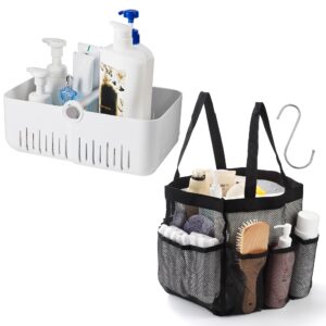 domonic home shower caddy portable with handle, plastic shower caddy dorm and mesh shower caddy set for college dorm,bathroom,beach,swimming,gym, white