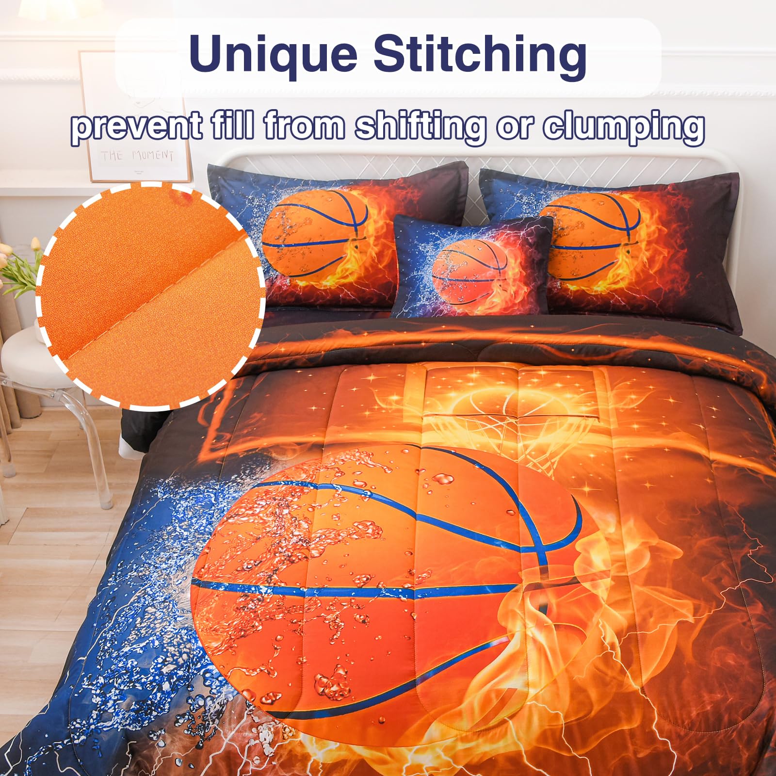 A Nice Night Basketball Print,with Fire and Ice Pattern, Comforter Quilt Set 6PCS Bedding Sets, for Boys Kids Teen (Basketball, Full)