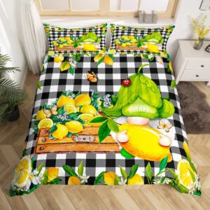 kawaii summer lemon gnomes duvet cover set king size,black white geometric grid bedding set 3pcs,watercolor summer fruits leaves comforter cover cute butterfly animals quilt cover,yellow green