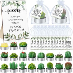 mtlee 36 sets succulent cactus candles baby shower favors for guests include 36 plant tealight candles 36 thank you tags 36 organza bags wooden standing sign for gender reveal gifts (greenery)