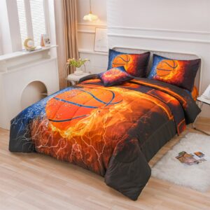 A Nice Night Basketball Print,with Fire and Ice Pattern, Comforter Quilt Set 6PCS Bedding Sets, for Boys Kids Teen (Basketball, Full)