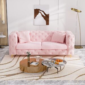 ouyessir modern velvet sofa for living room, 75 inches long tufted couch, upholstered sofa with 2 pillows wide armrest and metal legs for bedroom office (pink)