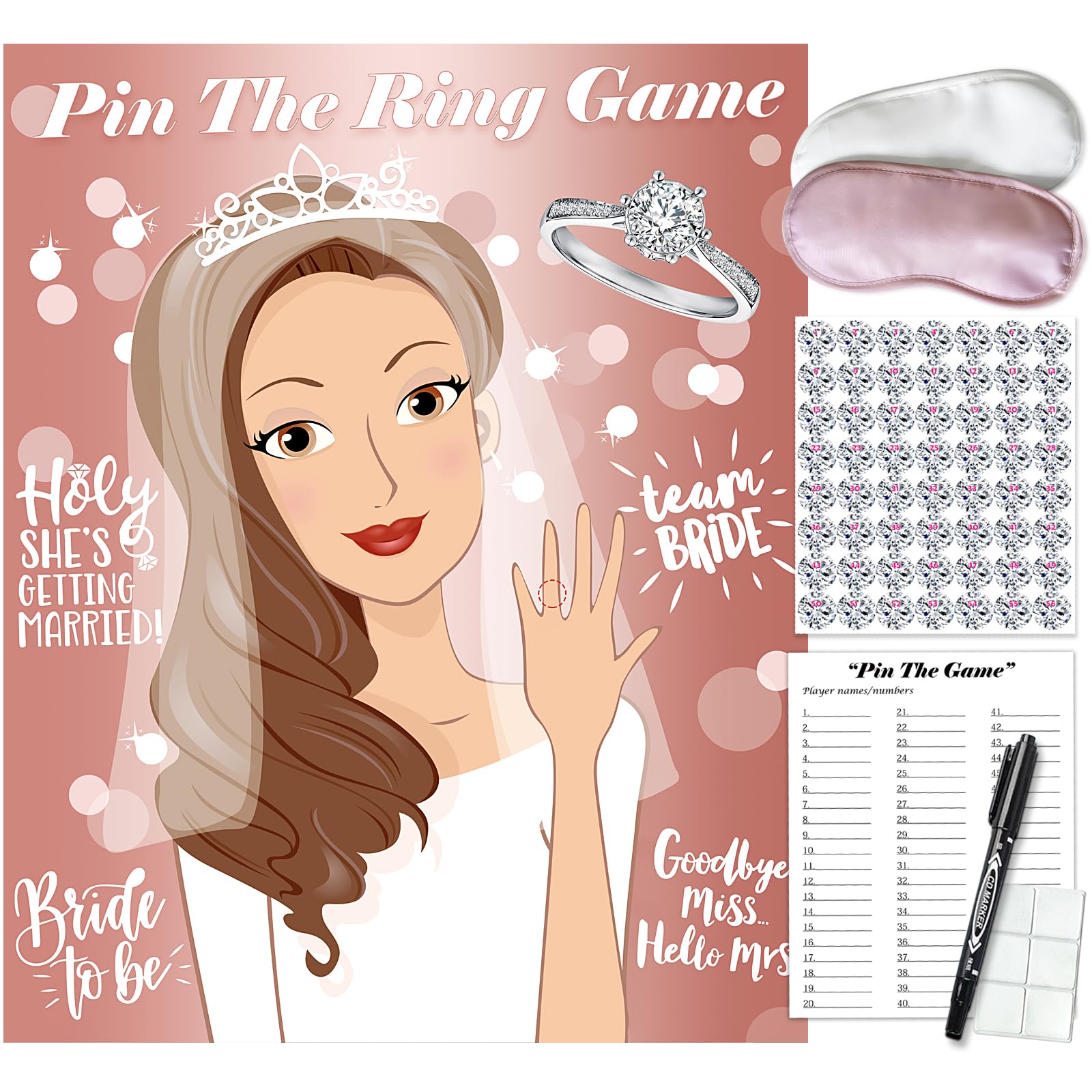 PIN THE STICKER GAME Bridal Shower Bachelorette Party Games, Pin the Ring on the Bride, Bridal Shower Wedding Engagement Shower Games 56 Guests