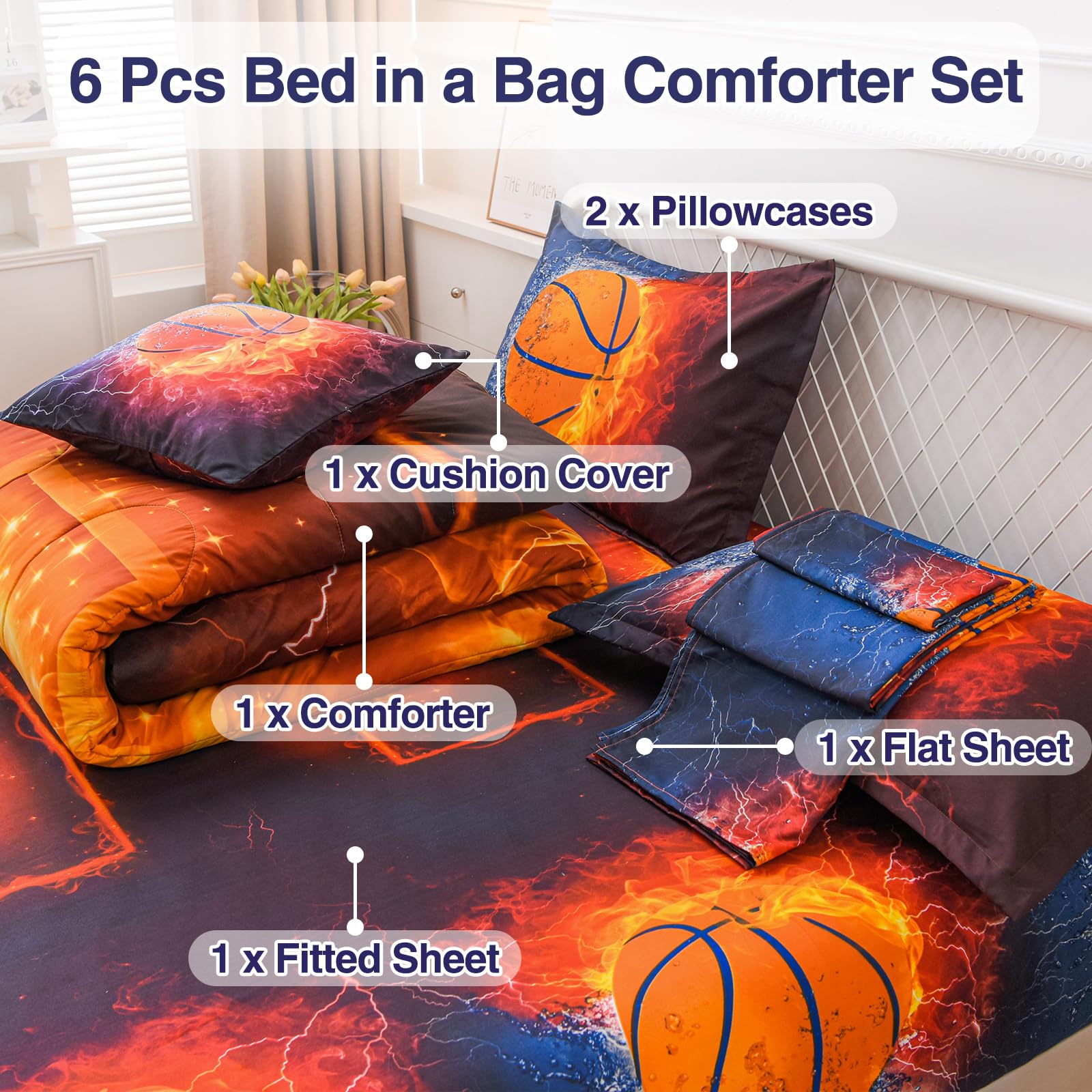 A Nice Night Basketball Print,with Fire and Ice Pattern, Comforter Quilt Set 6PCS Bedding Sets, for Boys Kids Teen (Basketball, Full)