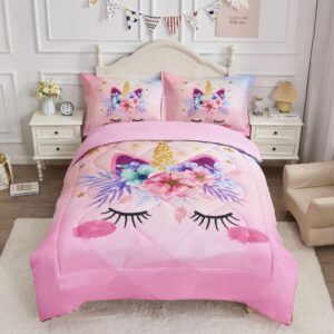 vivilinen twin size bedding set for girls 3 piece pink unicorn kids comforter set cartoon unicorn flowers quilt set bed in a bag lightweight duvet bed set for kids teen girls women with 2 pillowcases