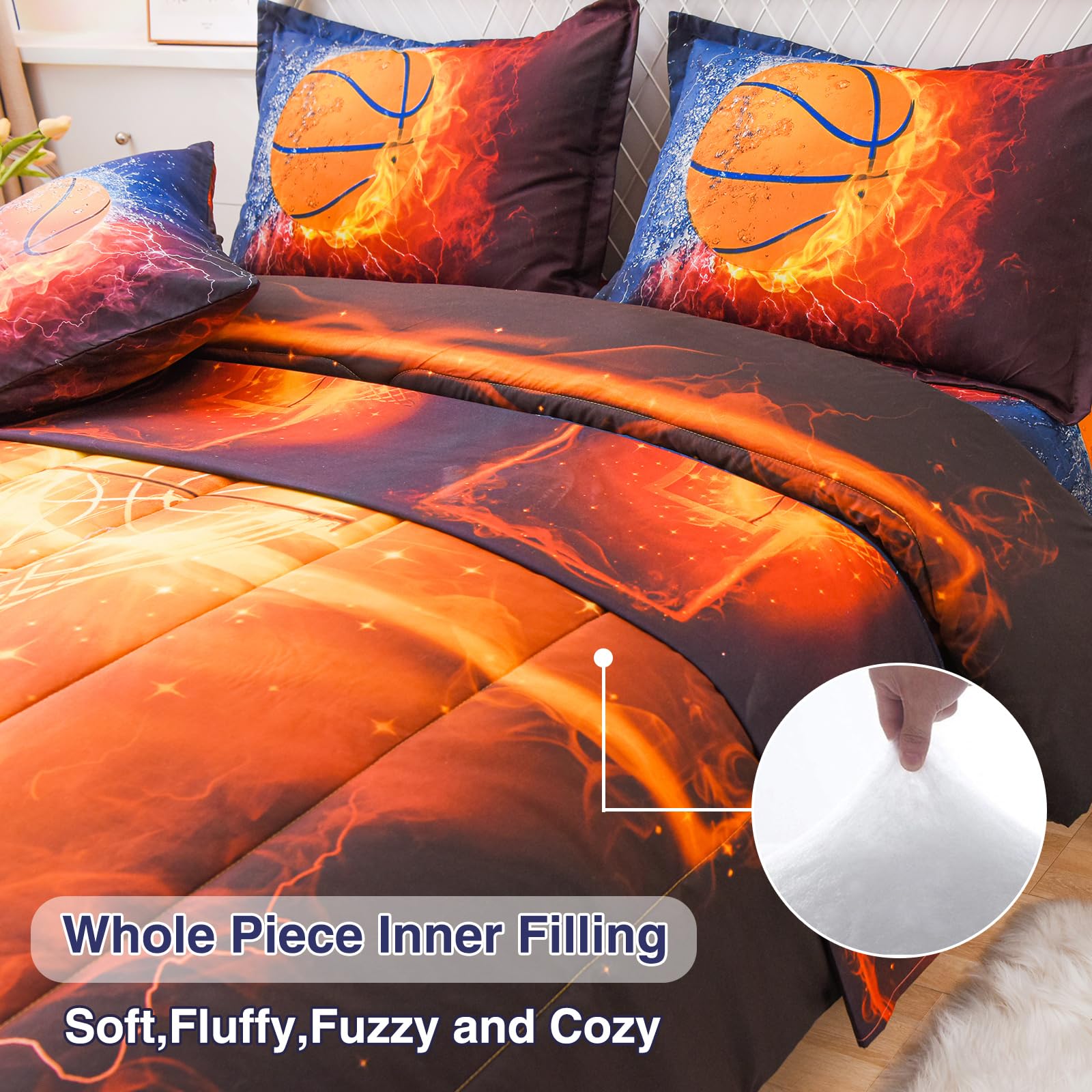 A Nice Night Basketball Print,with Fire and Ice Pattern, Comforter Quilt Set 6PCS Bedding Sets, for Boys Kids Teen (Basketball, Full)