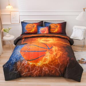 a nice night basketball print,with fire and ice pattern,comforter quilt set 6pcs bedding sets, for boys kids teen (basketball, twin)