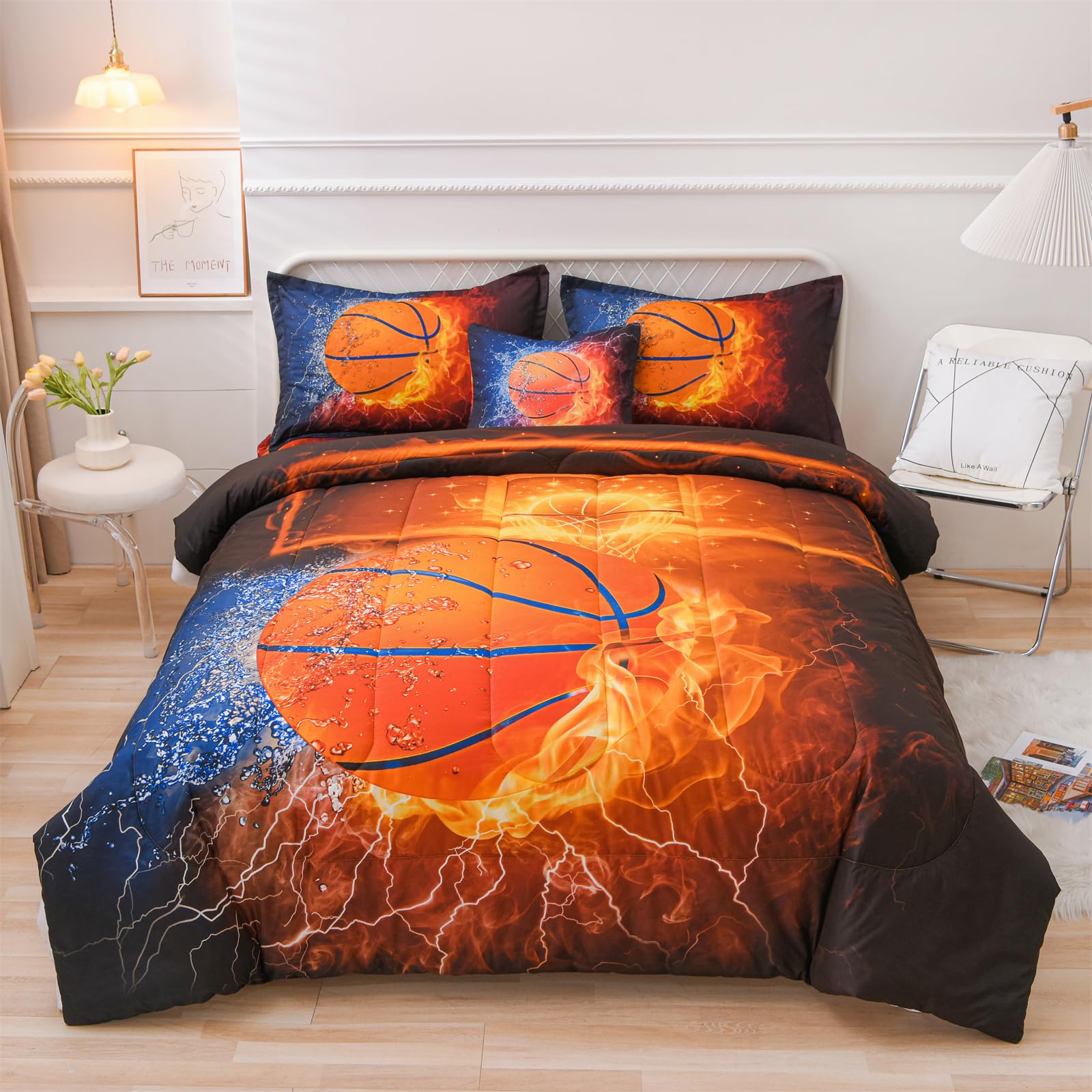 A Nice Night Basketball Print,with Fire and Ice Pattern, Comforter Quilt Set 6PCS Bedding Sets, for Boys Kids Teen (Basketball, Full)