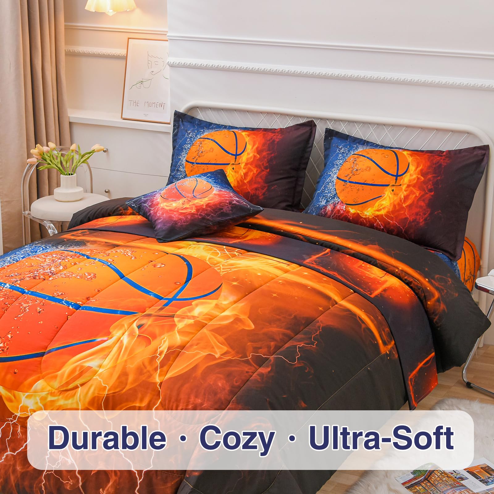 A Nice Night Basketball Print,with Fire and Ice Pattern, Comforter Quilt Set 6PCS Bedding Sets, for Boys Kids Teen (Basketball, Full)