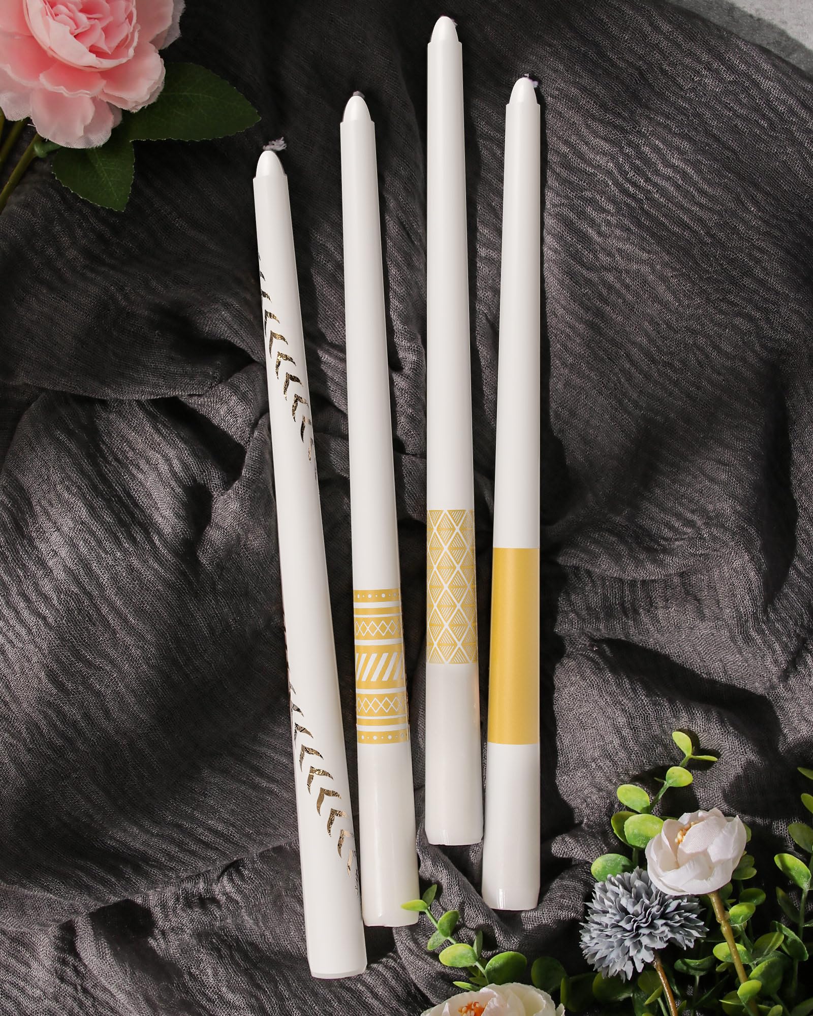 12 Inch White Taper Candles with Gold Leaf, Dripless Tapered Candle Up to 9 Hour+ Burning Time, Unscented and Smokeless Handmade Gift for Events, Dinner, Home Decor, Christmas