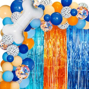 whaline 124pcs blue birthday party balloon garland arch kit blue orange dog paw bone foil balloons fringe curtains party decor for boys girls baby shower blue theme birthday party decorations