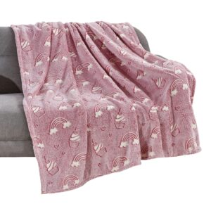 elegant comfort glow in the dark lightweight throw blanket - ultra soft, fuzzy and cozy luminous blanket - all season decorative for kids throw blankets, 50 x 60 inches, pink rainbow