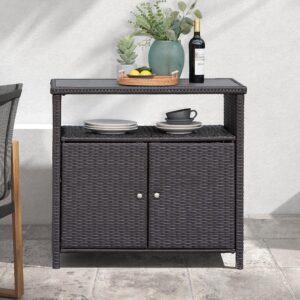 grand patio outdoor wicker storage cabinet 2-door and shelves waterproof patio sideboard buffet cabinet, dark brown