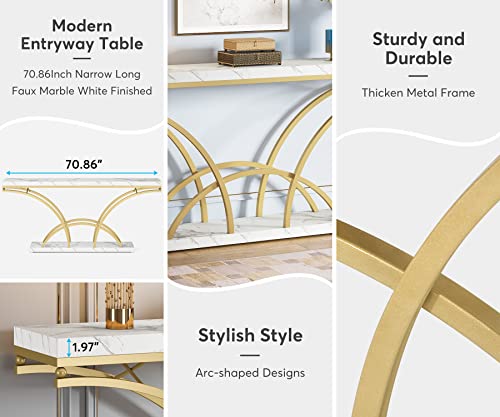 Tribesigns 70.9 Inch Long Console Table for Entryway,Gold Sofa Table with White Faux Marble Tabletop,Mid Century Accent Table with Half-Moon Shape Legs