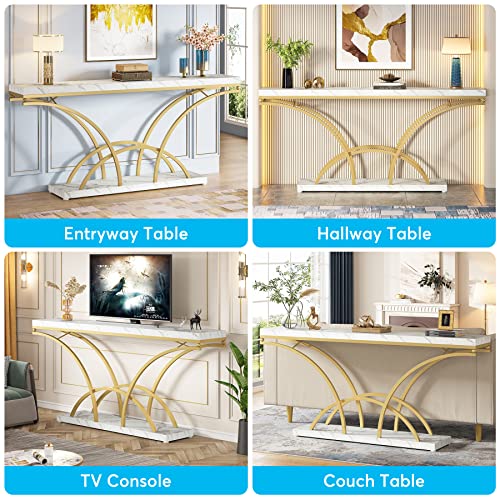 Tribesigns 70.9 Inch Long Console Table for Entryway,Gold Sofa Table with White Faux Marble Tabletop,Mid Century Accent Table with Half-Moon Shape Legs