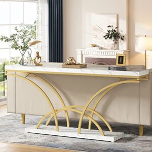 Tribesigns 70.9 Inch Long Console Table for Entryway,Gold Sofa Table with White Faux Marble Tabletop,Mid Century Accent Table with Half-Moon Shape Legs