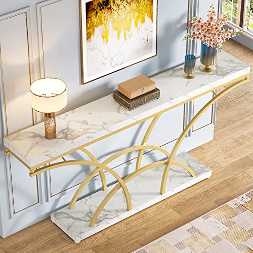 Tribesigns 70.9 Inch Long Console Table for Entryway,Gold Sofa Table with White Faux Marble Tabletop,Mid Century Accent Table with Half-Moon Shape Legs