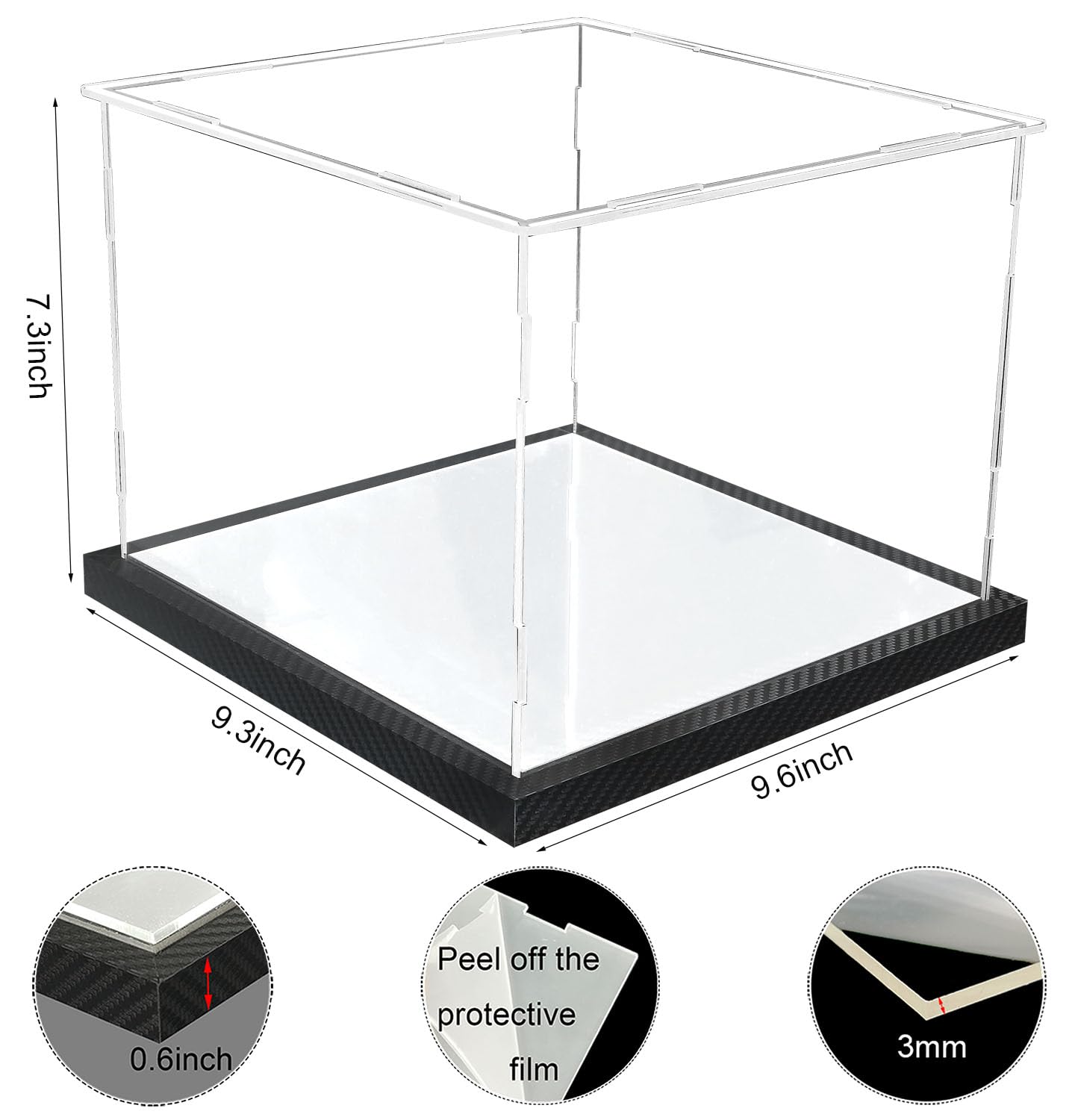 Clear Hat Display Case Acrylic Baseball Cap Holder Stand Transparent Hat Storage Box Dustproof Square UV Protection Cabinet with Carbon Fiber Skin Base and Removable Mirror Base