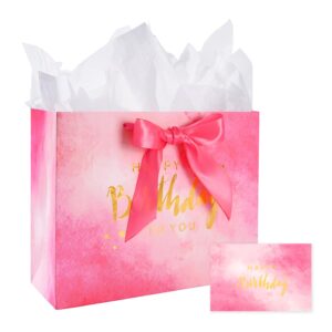 nihuecne 13" large birthday gift bag with card and tissue paper, big pink and gold birthday wrap paper gift bag with satin ribbon handles for girls and women's birthday party