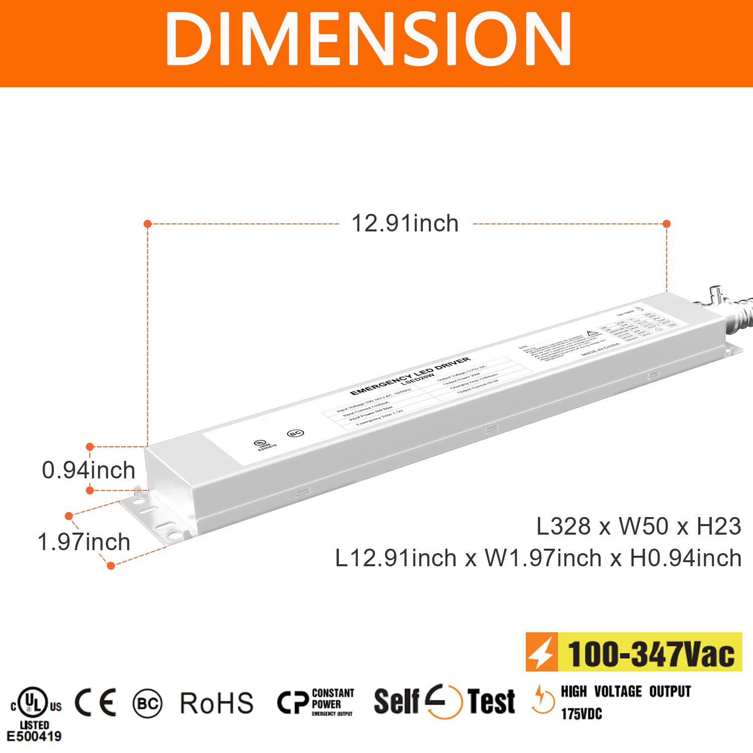 20W LED Emergency Backup Driver 100-347V AC 175V DC Rechargeable UL Listed Emergency LED Driver Backup Battery, Emergency Time Over 90 Minutes Suit for LED troffer, Linear Light, Panel Light (1-Pack)