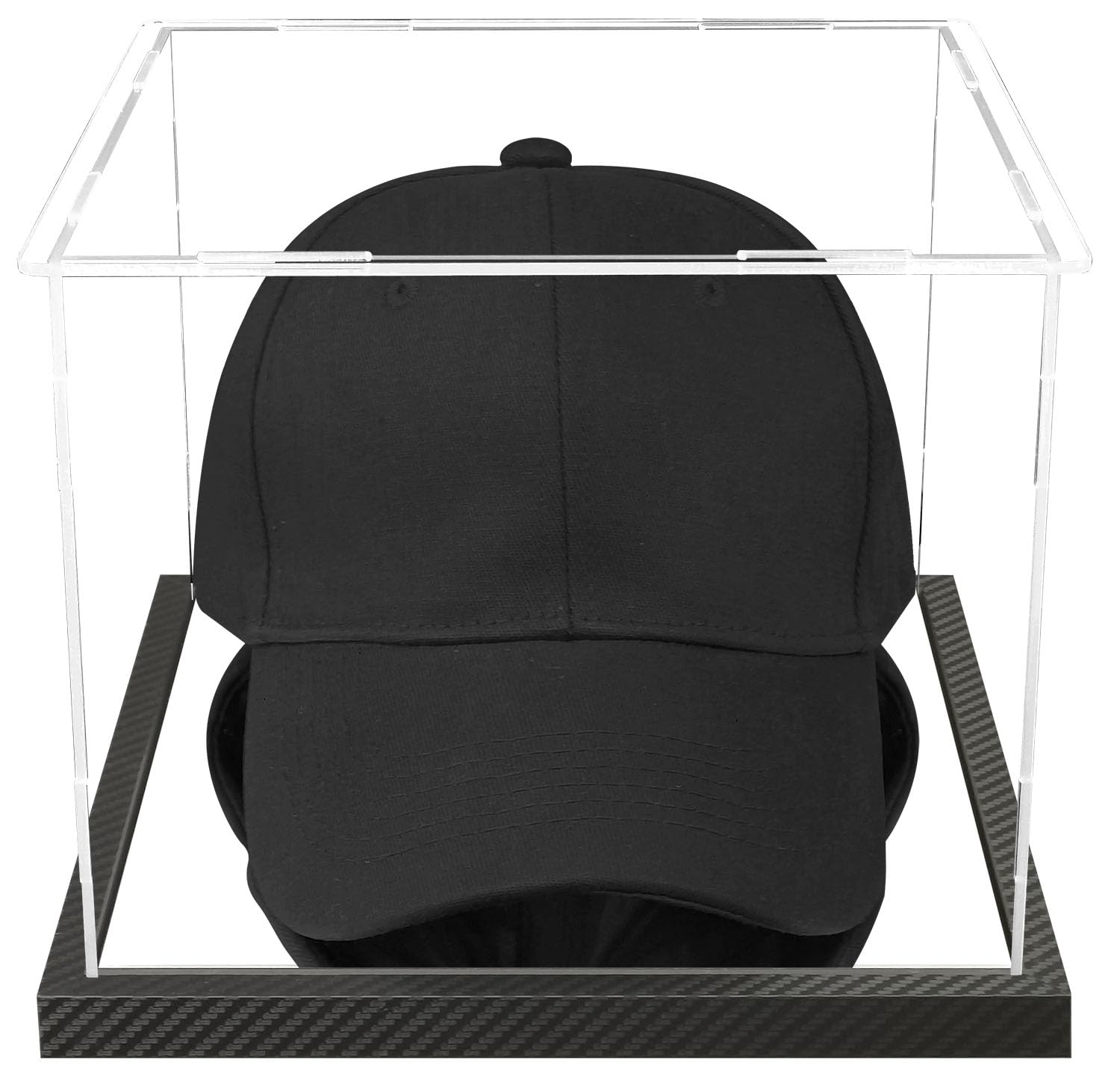 Clear Hat Display Case Acrylic Baseball Cap Holder Stand Transparent Hat Storage Box Dustproof Square UV Protection Cabinet with Carbon Fiber Skin Base and Removable Mirror Base