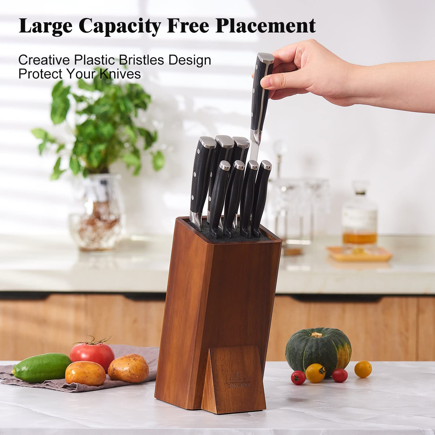 ENOKING Universal Knife Block without Knives, Acacia Wood Knife Holder/Knife Organizer with Removable Plastic Bristles for Kitchen Counter Knife Storage Rack