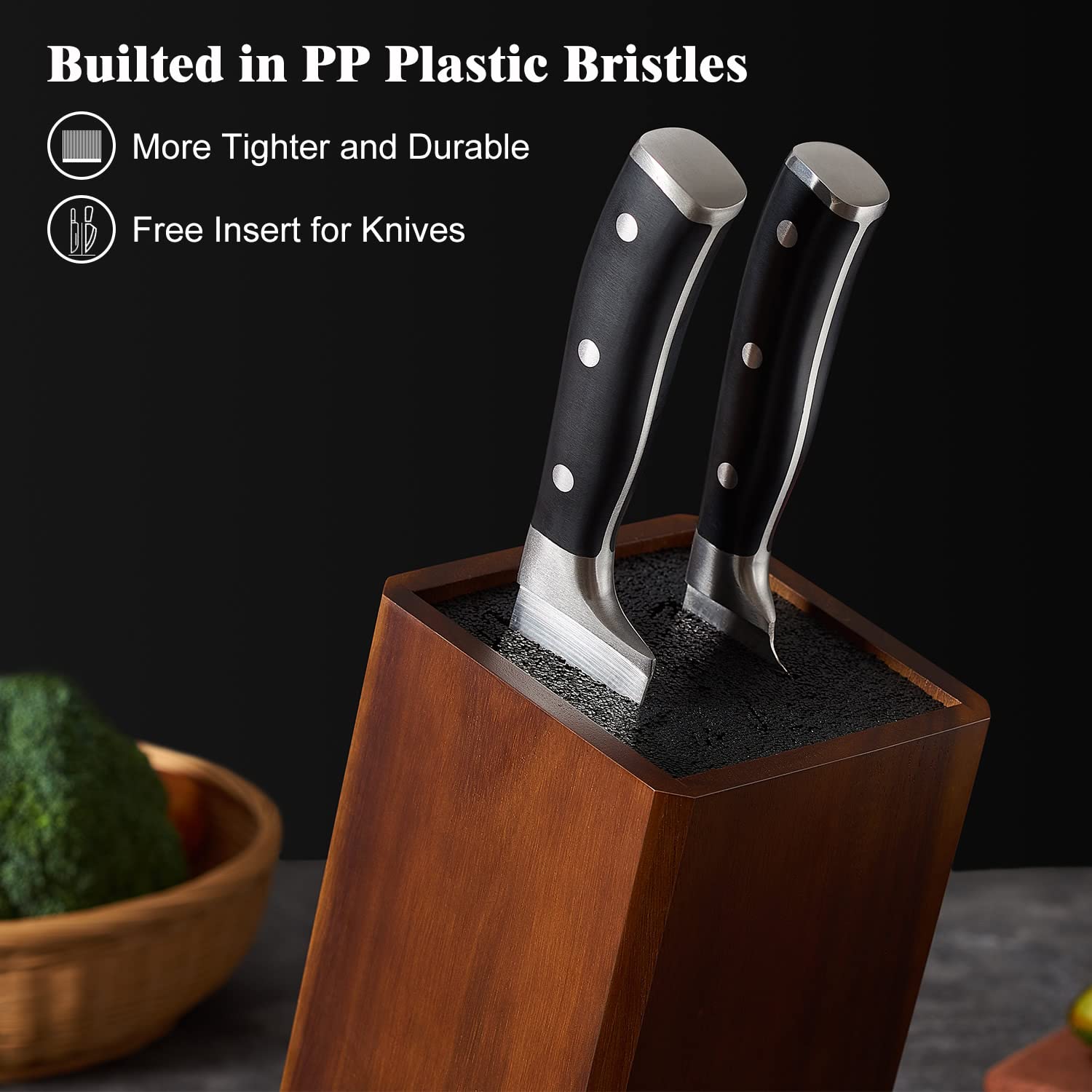 ENOKING Universal Knife Block without Knives, Acacia Wood Knife Holder/Knife Organizer with Removable Plastic Bristles for Kitchen Counter Knife Storage Rack