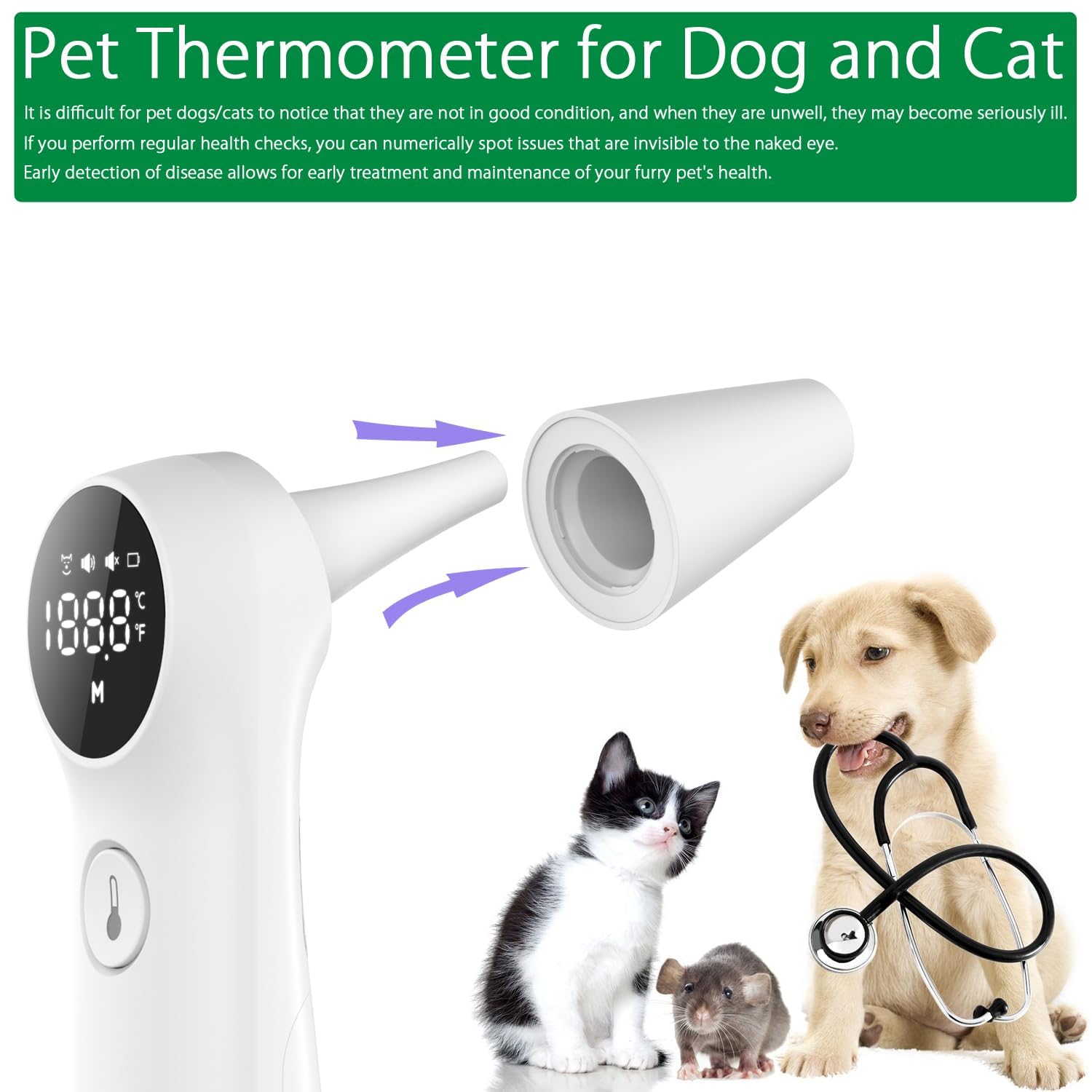 Pet Ear Thermometer for Dogs and Livestock - Includes 20 Pet Swabs, Suitable for Dogs, Cats, Infrared Fast and Accurate Canine Temperature Monitor - Switches ℉ and ℃