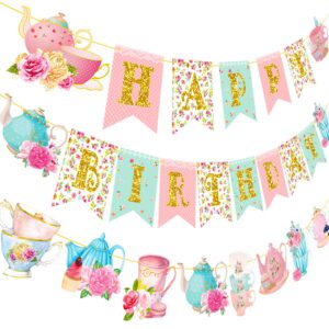 floral tea happy birthday party banner tea party hanging decorations 3pcs tea cutout banners teapot banners for afternoon tea time theme baby shower supplies