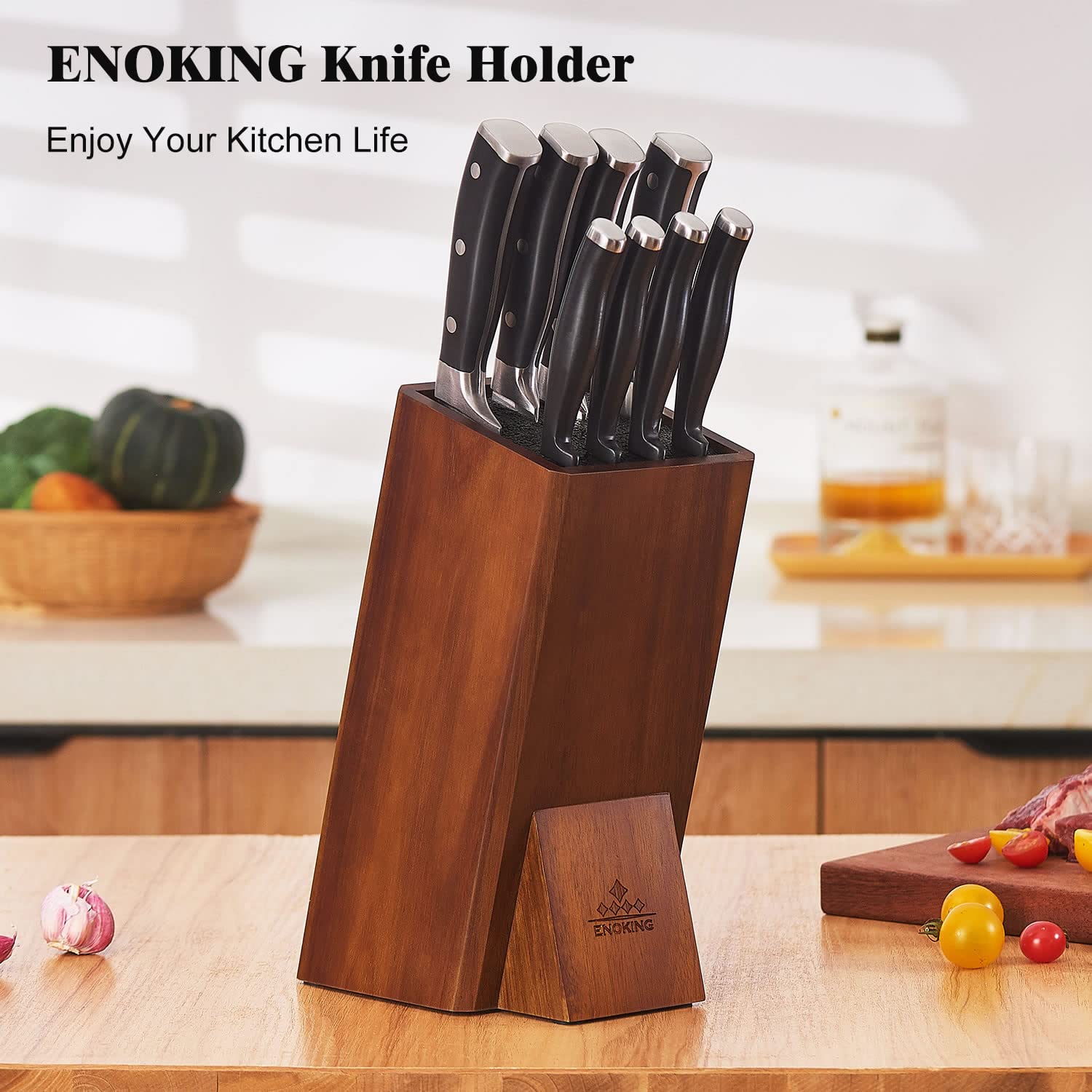 ENOKING Universal Knife Block without Knives, Acacia Wood Knife Holder/Knife Organizer with Removable Plastic Bristles for Kitchen Counter Knife Storage Rack