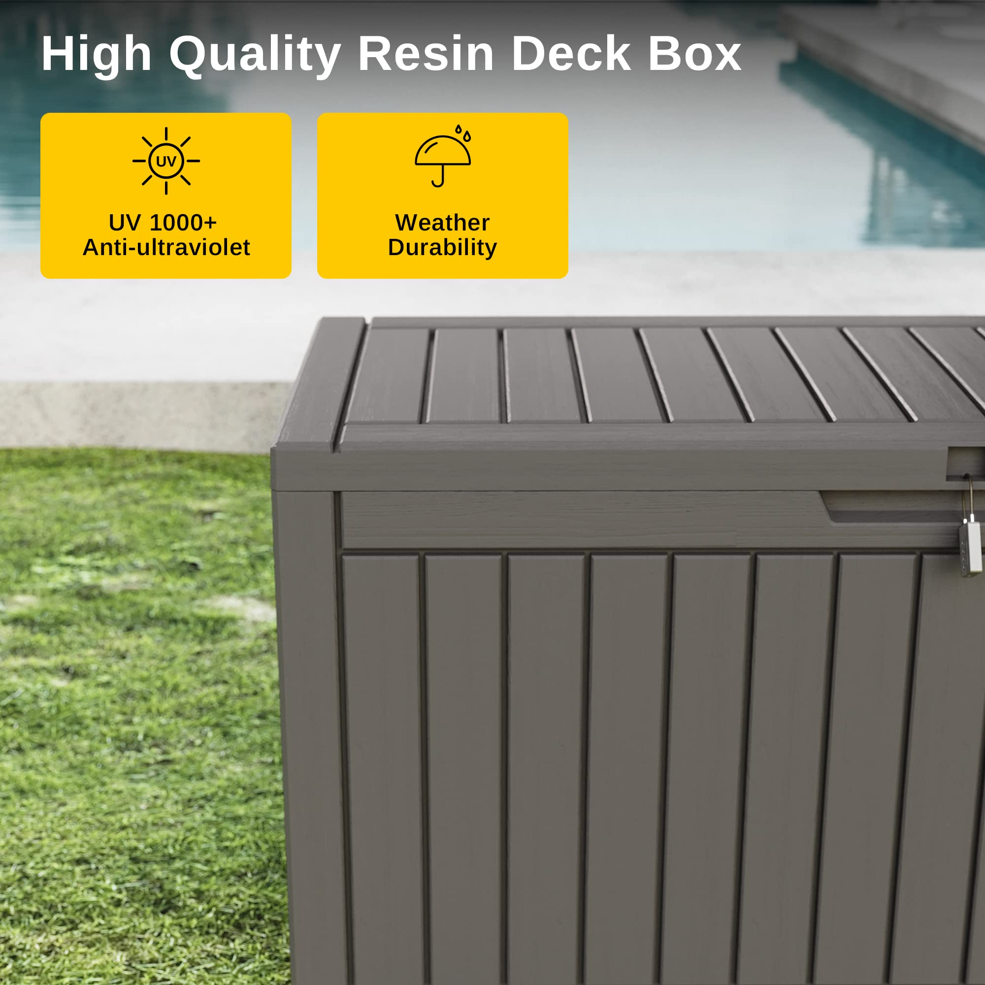 EAST OAK 60 Gallon Deck Box, Outdoor Storage Box with Padlock for Patio Furniture, Patio Cushions, Gardening Tools, Pool Supplies, Waterproof and UV Resistant Resin, Grey