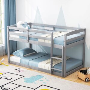 komfott low bunk bed twin over twin, solid wood bunk bed frame with built-in ladder & safety guardrails, space-saving low bunk bed for kids, teens, no box spring needed