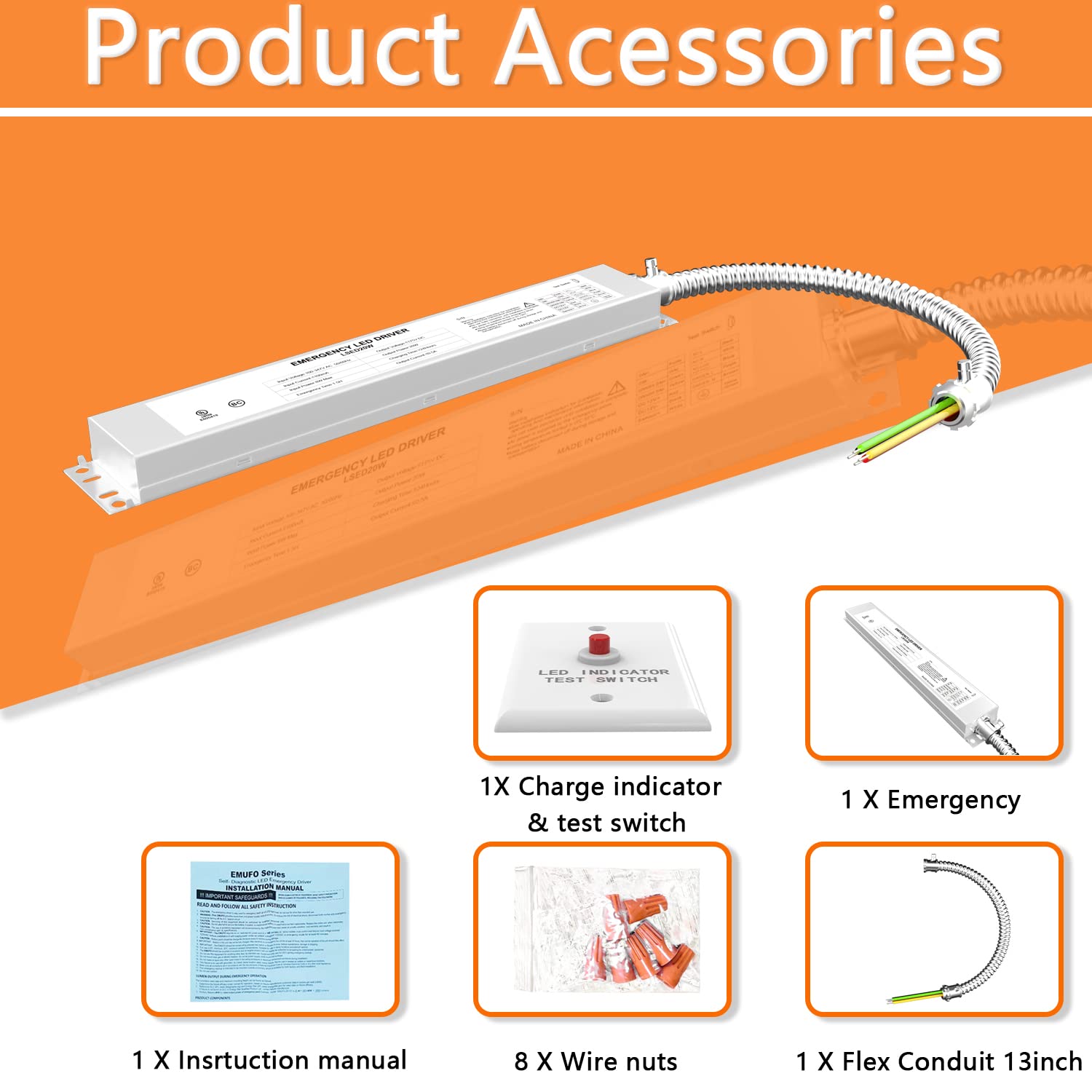 20W LED Emergency Backup Driver 100-347V AC 175V DC Rechargeable UL Listed Emergency LED Driver Backup Battery, Emergency Time Over 90 Minutes Suit for LED troffer, Linear Light, Panel Light (1-Pack)