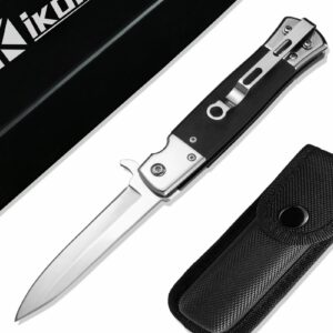 ikores pocket knife with g10 handle, 3.5 inch folding knife with pocket clip and nylon sheath, great gift for men and women, silver