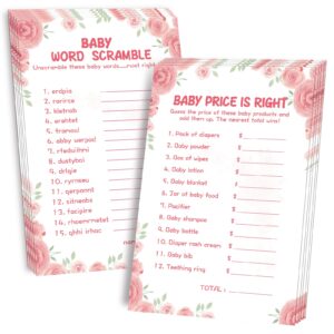 oloutab baby shower games for girl-2 games(50 of each),baby shower word scramble game&price is right,double-sided,thick cardboard,fun,hilarious,with answer keys