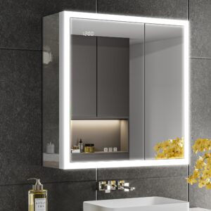 queenfun 30x32 led medicine cabinet with mirror, surface or recessed lighted medicine cabinet with mirror, dimmable fogless aluminum medicine cabinet with outlet, time display& built-in sensing light