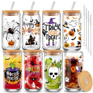 umigy 8 pcs 16oz halloween glass tumbler halloween iced coffee cup with bamboo lids and glass straw halloween party gift spooky pumpkin bat mason glass cup cute ghost skull glass cup