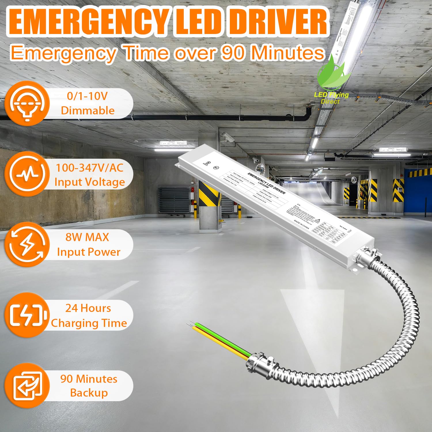 20W LED Emergency Backup Driver 100-347V AC 175V DC Rechargeable UL Listed Emergency LED Driver Backup Battery, Emergency Time Over 90 Minutes Suit for LED troffer, Linear Light, Panel Light (1-Pack)