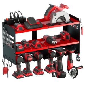 spampur power tool organizer with charging station, 6 drill holders wall mount, heavy duty metal premium garage tool shelf, gift for man cordless tool storage rack with 4 outlet power strip - red