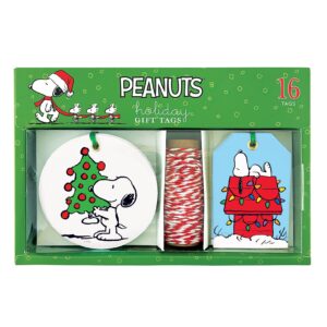 graphique peanuts™ classic house holiday gift tag boxed set | 16 tags with hanging twine | 2 unique christmas designs with glitter accents | gift boxes and bags