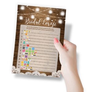 printed party bridal shower games – emoji guessing game with popular wedding phrases, fun wedding shower activity, rustic country design, 50 guests