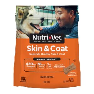 nutri-vet skin & coat biscuits for dogs - tasty dog treat & dog skin and coat supplement - small sized biscuit - omega-3 and biotin dog treat - 16 oz