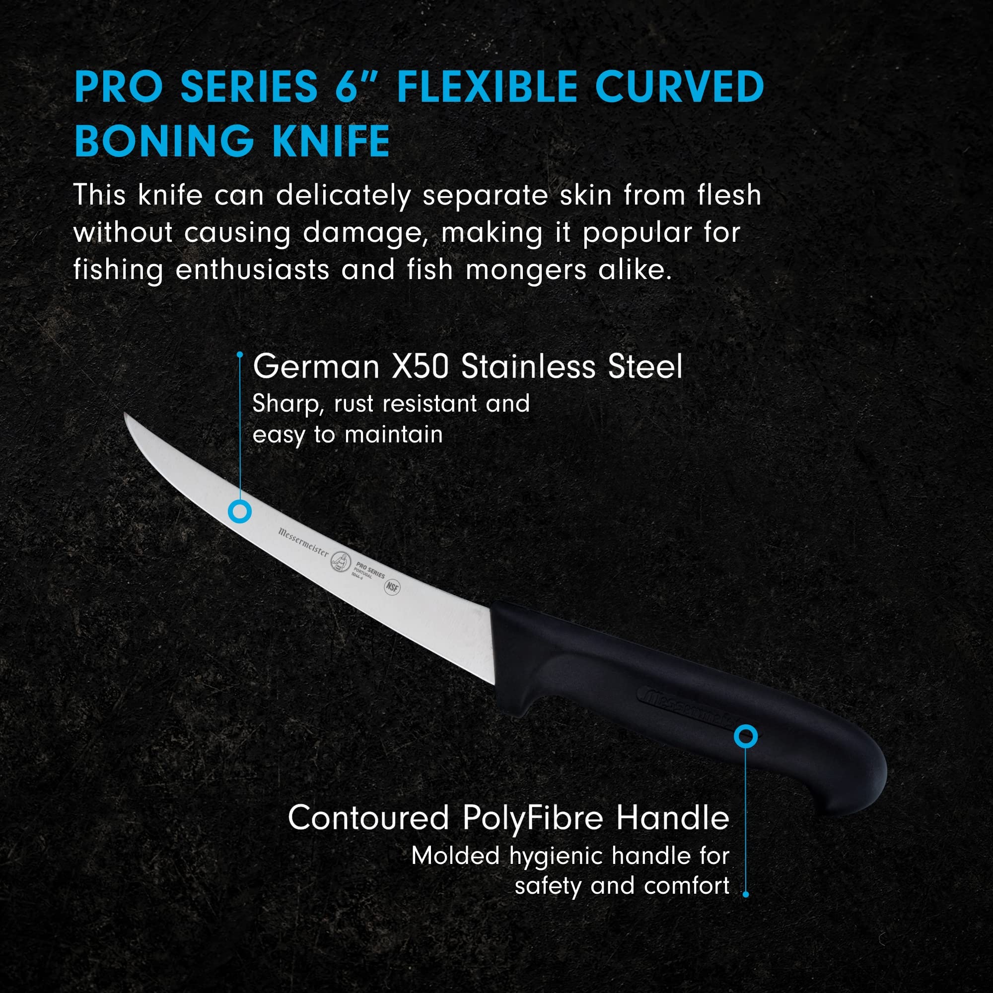 Messermeister Pro Series 6” Flexible Curved Boning Knife - German X50 Stainless Steel & NSF-Approved PolyFibre Handle - 15-Degree Edge, Rust Resistant & Easy to Maintain - Made in Portugal