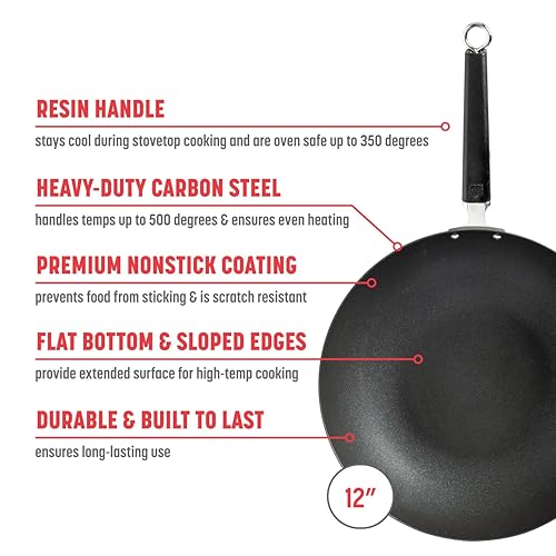 JOYCE CHEN Professional Series 12-Inch Carbon Steel Excalibur Nonstick Stir Fry Pan with Phenolic Handle