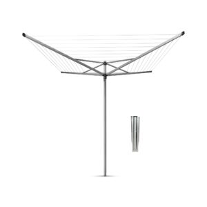 brabantia topspinner outdoor 4 arm spinning clothesline (197 ft/Ø 1.8") rotating, folding clothes drying rack + ground spike (gray)