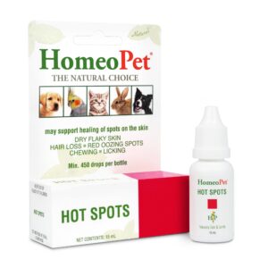 homeopet hot spots, safe and natural cat and dog skin-soothing medicine for red, irritated, and flaky pet skin, 15 milliliters