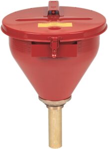 justrite 2.6 gallon drum funnel for flammables with emergency-fusing self-closing cover, flame arrester, and 2" bung hole adapter, made in the usa, 08207