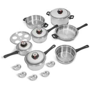 maxam 9-element waterless cookware set, durable stainless steel construction with heat and cold resistant handles, 17-pieces