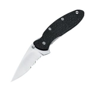 kershaw scallion serrated pocket knife, 2.25” stainless steel blade with assisted opening, glass-filled nylon handle with single-position pocketclip, small folding knife